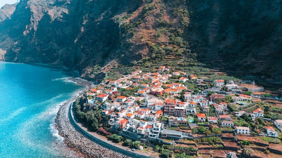 Aerial view of coastal town in Madeira Portugal