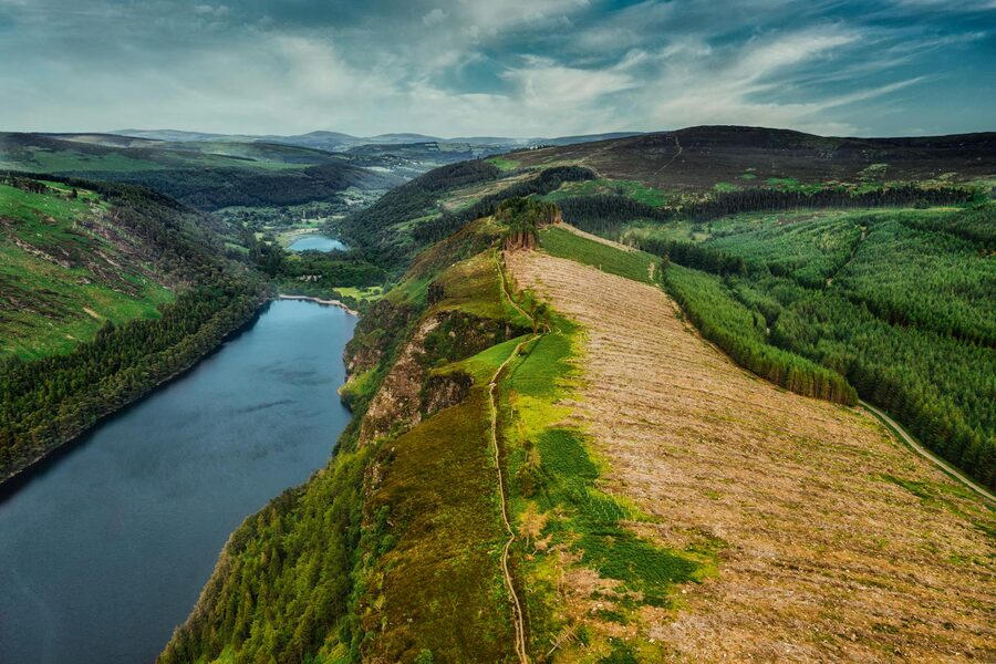 Aerial view of Wicklow Mountains with lakes and green valleys
