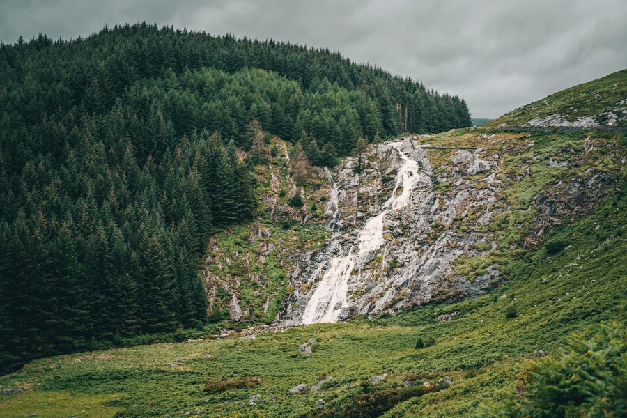 Waterfall cascading through green forest in Wicklow Mountains Ireland