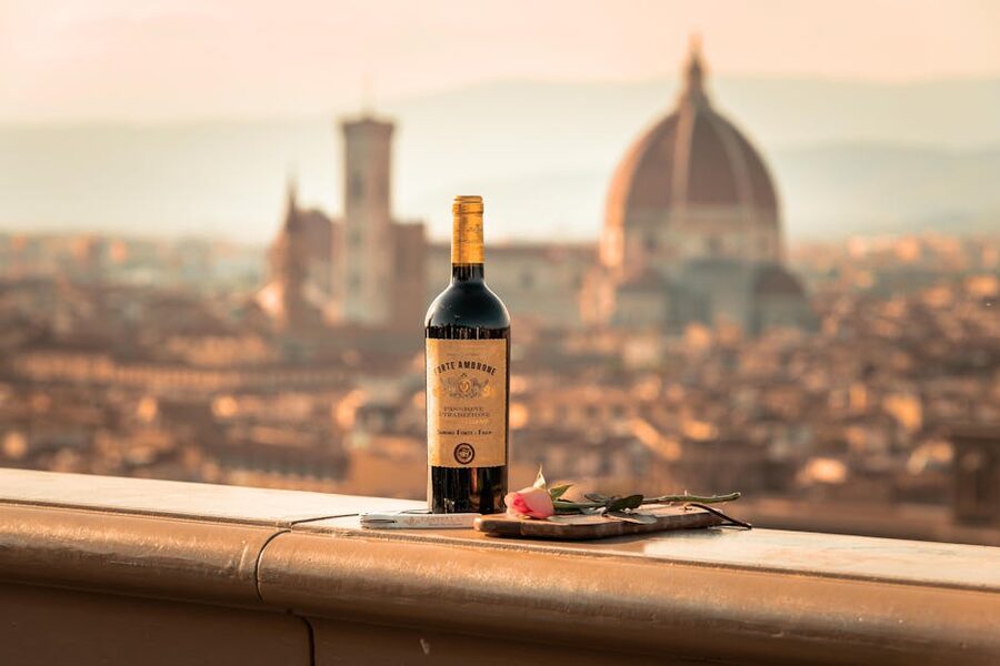 Wine bottle on balcony overlooking Florence