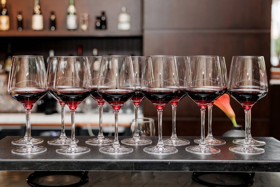 Row of wine glasses on bar counter