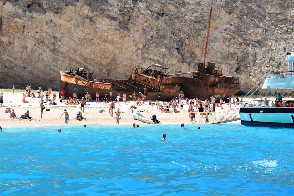 Tour boat anchored offshore of Navagio Shipwreck Beach