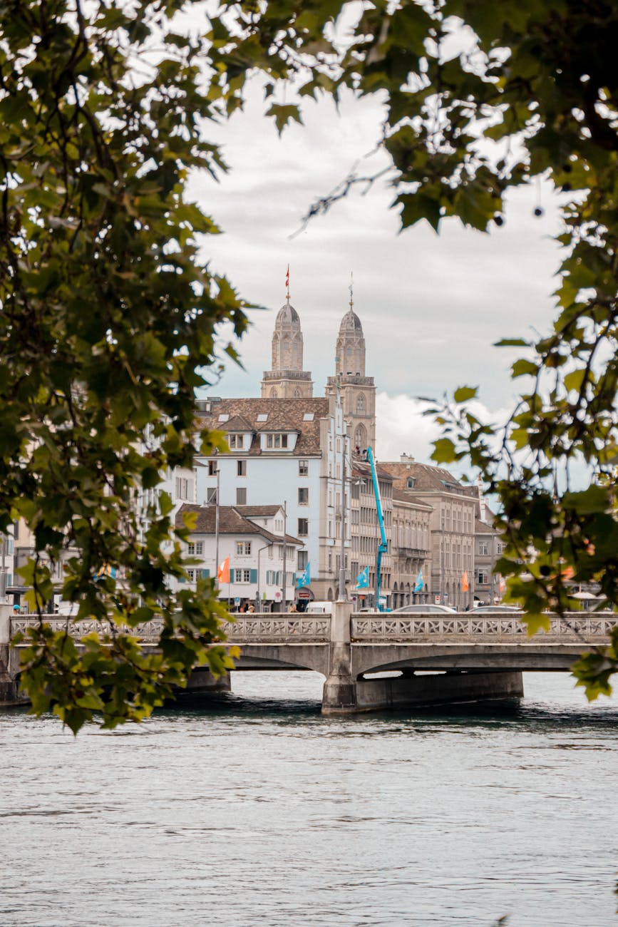 Grossmünster church and Limmat river bridge in Zurich
