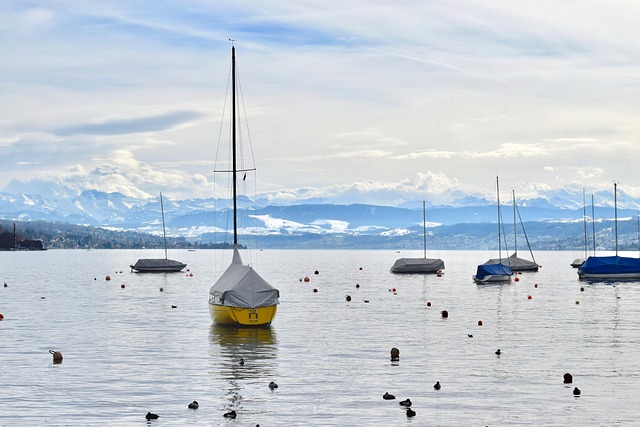Sailing on Lake Zurich in winter with mountain backdrop