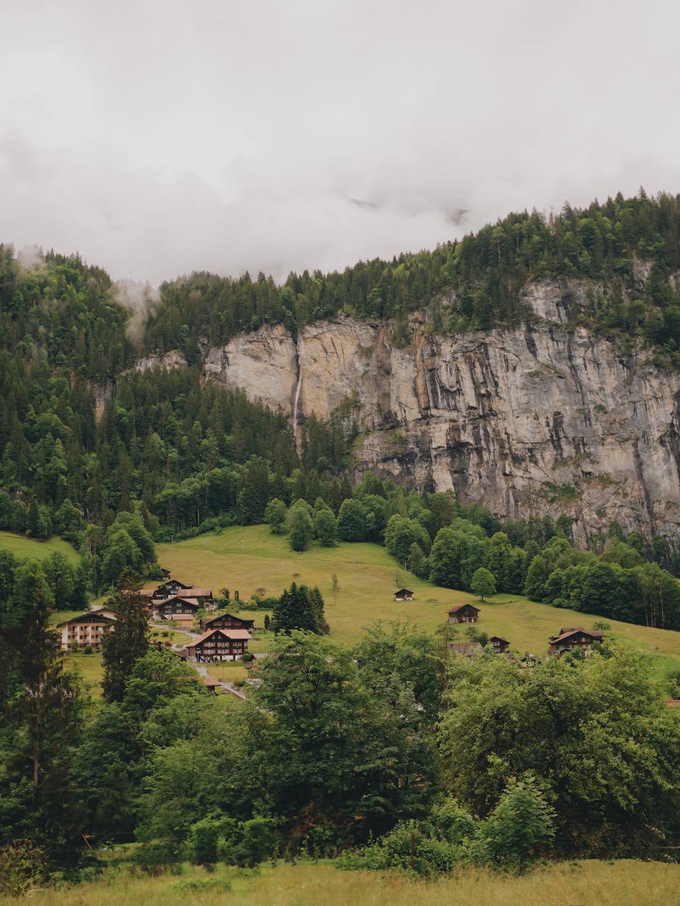 Green cliffs and rock faces in Lauterbrunnen valley