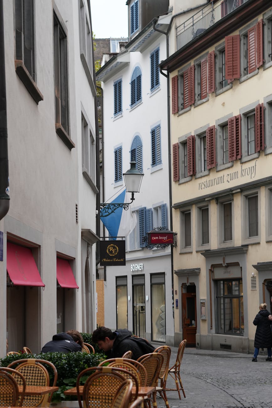 Cozy Zurich old town street with cafe