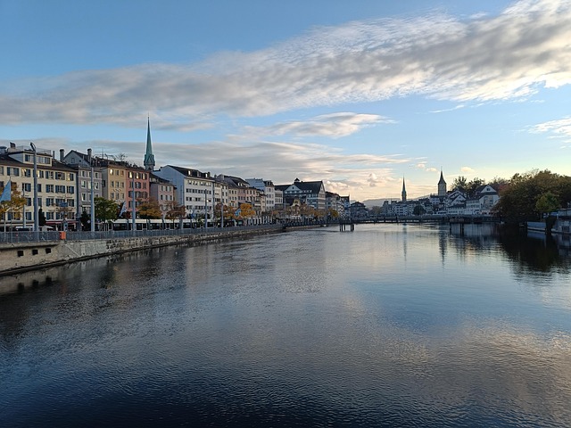 Zurich river at sunset with bridge