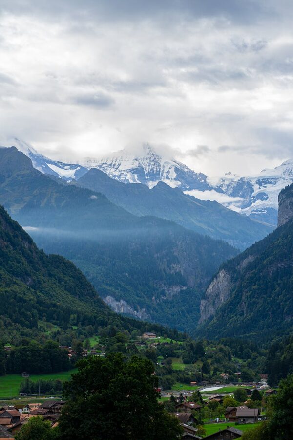 Swiss Alpine village with traditional wooden chalets and mountain peaks behind